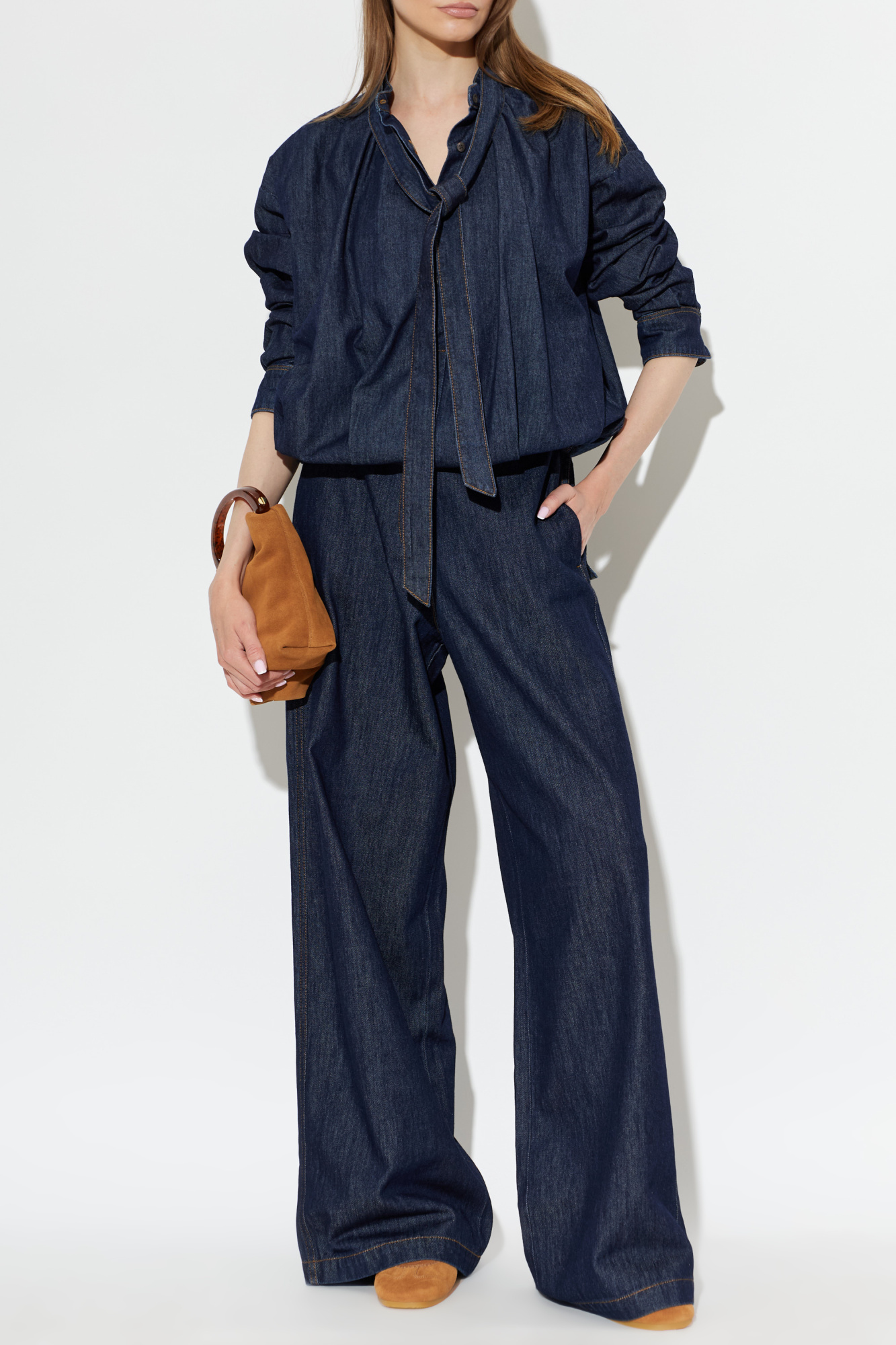 DRIES VAN NOTEN Dries Van Noten Long-Sleeved Denim Shirt with Pleated Shoulders
